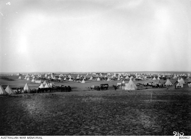 The camp of the Anzac Mounted Division. Horses near the tents are ...