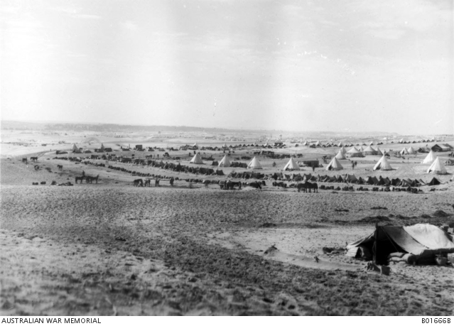 A view of the Australian Light Horse camp on the desert sand at Belah ...
