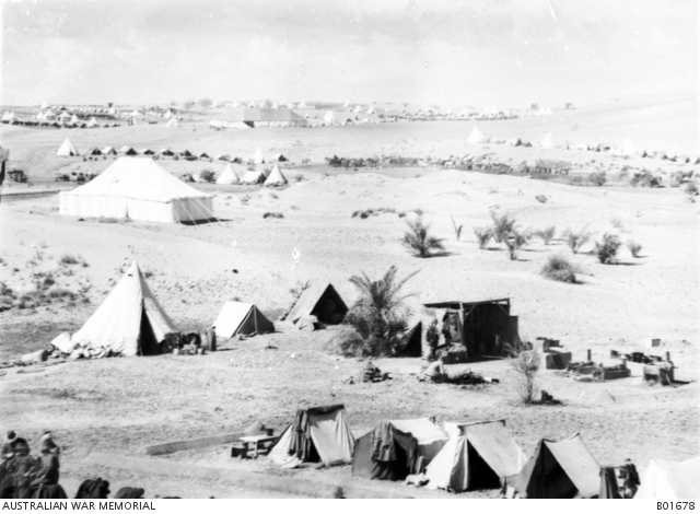 The camp of the Australian Light Horse on the desert sand at Belah. The ...