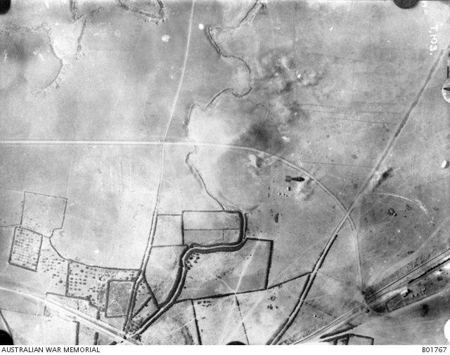 A photograph taken from the air during the bombing of Jenin, showing a ...