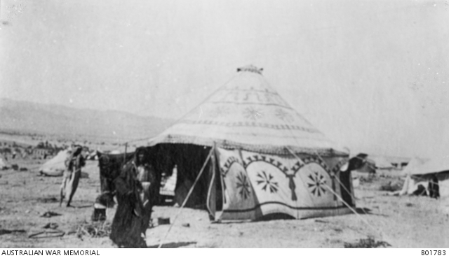 A Bedouin chief's tent on the desert at Akaba. | Australian War Memorial