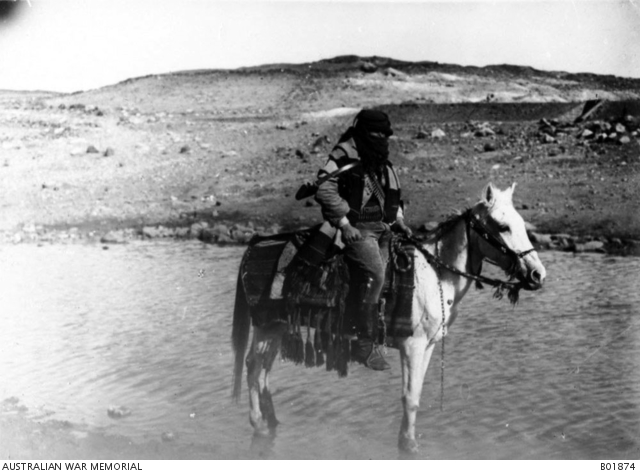 An Arab Irregular soldier, mounted on his horse, standing in the river ...