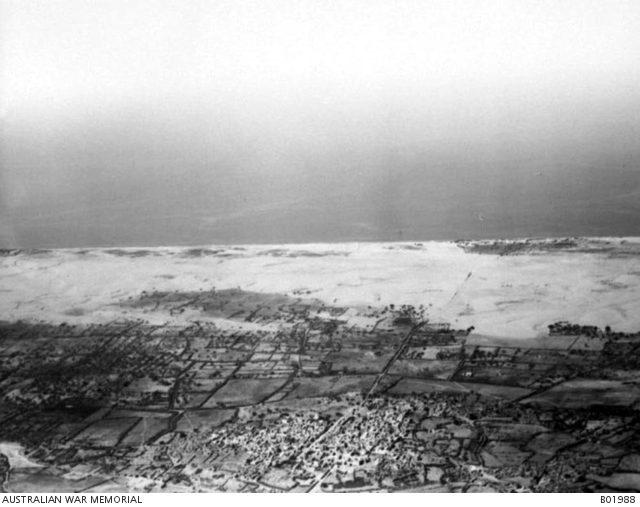 An aerial view of the town and coastline of Gaza. | Australian War Memorial