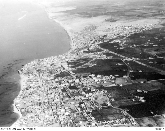 An aerial view of Jaffa and the coastline. | Australian War Memorial
