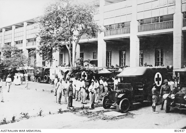 Ambulances ready to take patients leaving the 14th Australian General ...