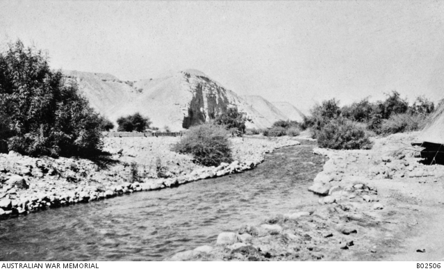 A view of Auja, in the Jordan Valley, showing one of the canals that ...