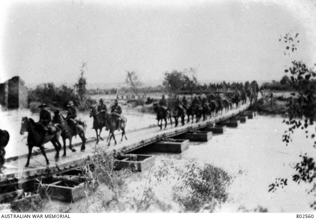 Australian Light Horse passing over the pontoon bridge across the River ...