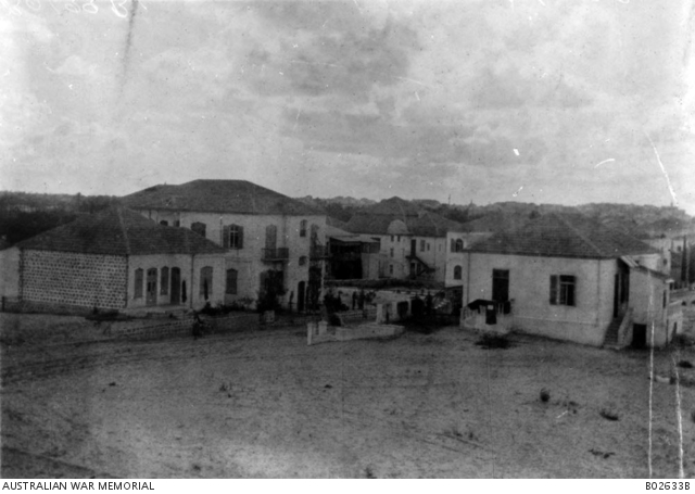 A view of buildings at Jaffa, three soldiers are standing between the ...