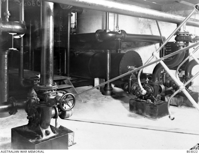 The interior of the pumping station, showing the underneath filters ...