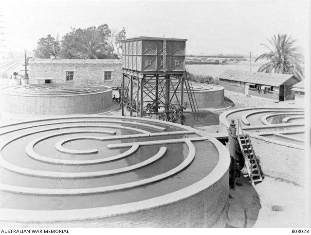 View of the sediment tanks at the pumping station. The railway line can ...