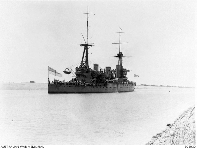 The battle cruiser HMAS Australia, with the White Ensign flying from ...