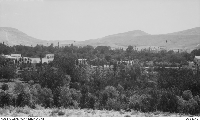View from Duma, showing buildings between the trees and the hills over ...