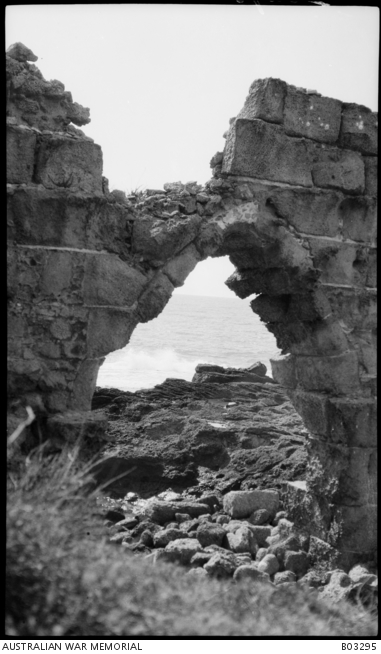Ruins on the coast at Atlit, south of Haifa. | Australian War Memorial