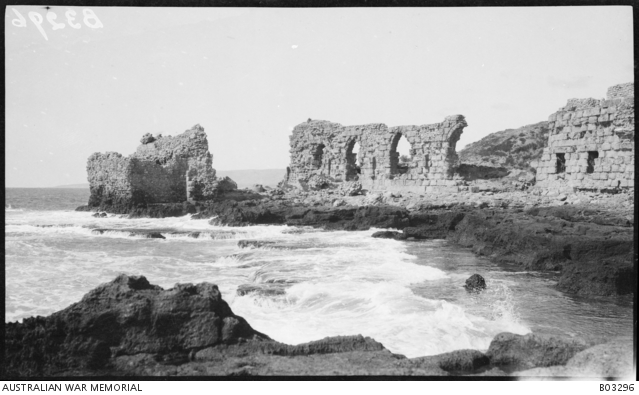 Ruins on the coast at Atlit, south of Haifa. | Australian War Memorial