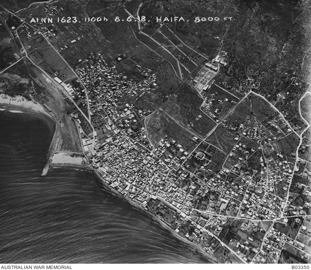 Aerial photograph of Haifa and the coast taken from 8000 feet at 1100 ...