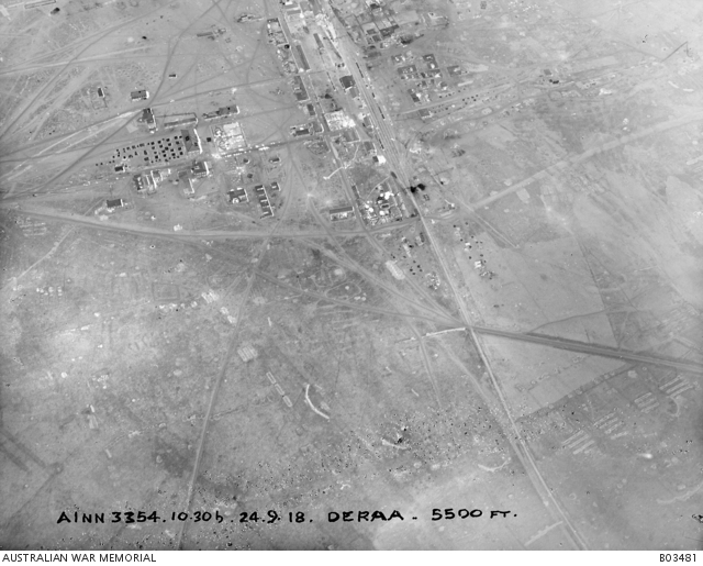 Aerial photograph of Deraa showing the hospital and tent lines (left ...