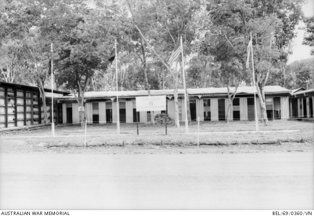 Nui Dat, South Vietnam. 1969-06. The flags of four nations, Australia ...