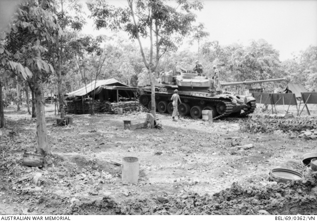 Nui Dat, South Vietnam. 1969-06. Preparing to go out in support of the ...