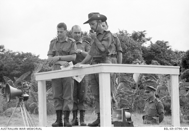 Nui Dat, South Vietnam. 1969-11. At a church service, the Commanding ...