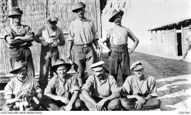 Group portrait of seven unidentified 13th Battalion cooks. The man on ...