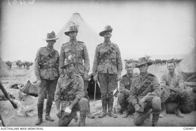 Informal portrait of seven members of the 5th Australian Light Horse Regiment. From left to ...