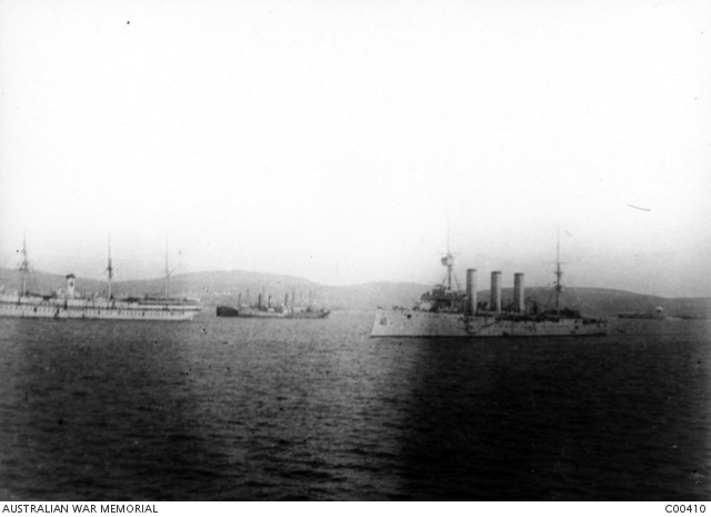 A French hospital ship (left) and a British cruiser (right) in Mudros ...