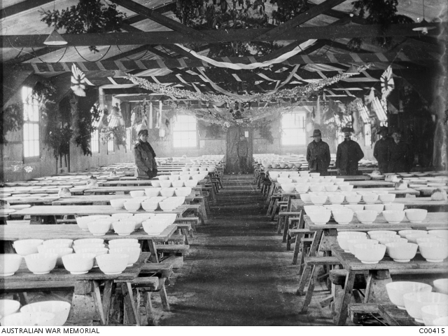 The interior of one of the mess huts at Lark Hill Camp, decorated for ...