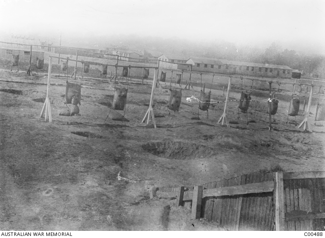 The bayonet assault course at a camp on the Salisbury Plain, England ...