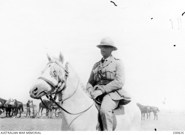 An officer, possibly Lieutenant Leon Maurice Lyons, mounted on a pony ...