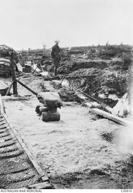 Outside an Australian Artillery Brigade Headquarters. On the left is a ...
