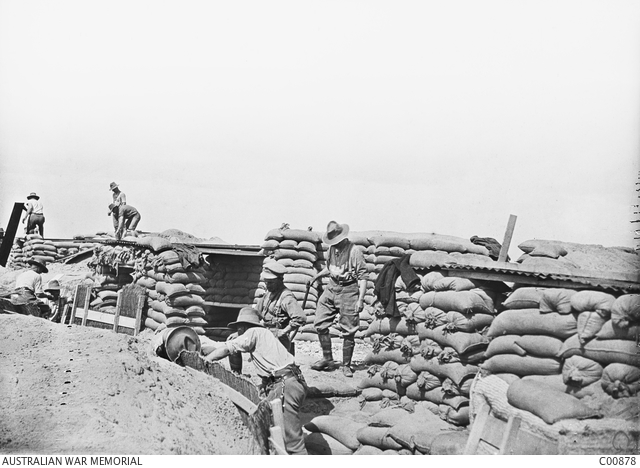 Soldiers completing a trench system forming part of the Suez Canal ...