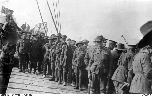 Soldiers on the deck of the transport HMAT Anchises during their voyage ...