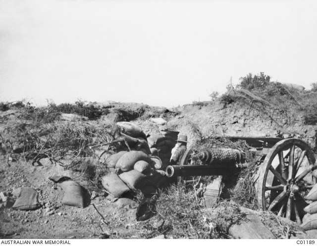 One of the 18 pounder guns of an Australian battery on the Gallipoli ...