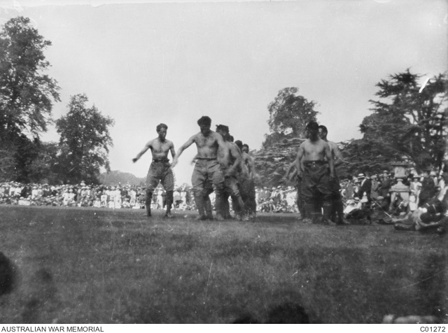 Maori troops doing a Haka dance during a sports day at a camp in ...