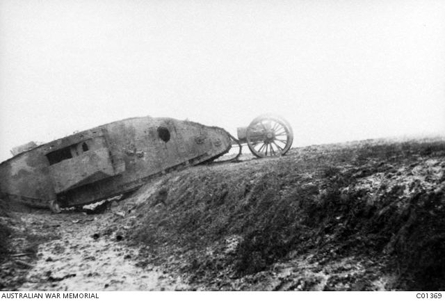 Left hand view of a stranded Mark 1 female tank straddling a sunken ...