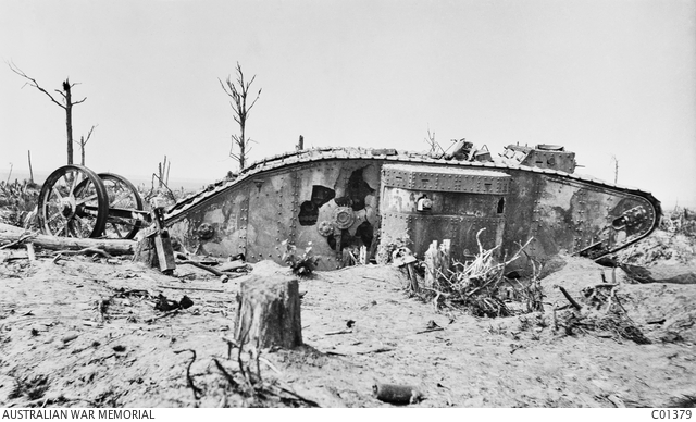 A British Mark I Female tank lies abandoned east of Pozieres, damaged ...