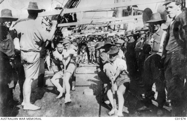 A tug-of-war contest between rival reinforcement drafts aboard the SS ...