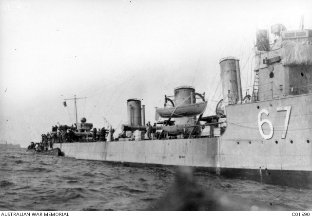 Men rescued from the Australian troopship HMAT Ballarat are taken from ...