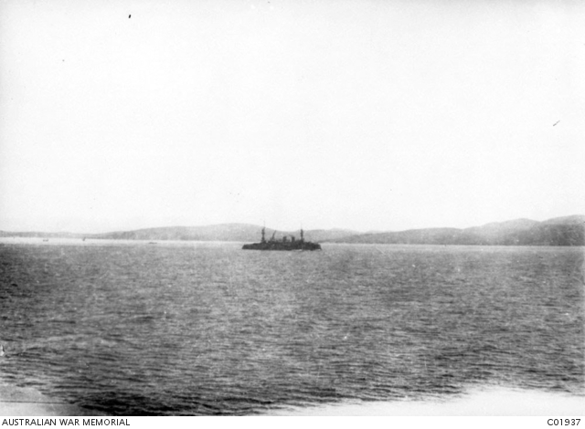A French battleship off Anzac Cove. | Australian War Memorial