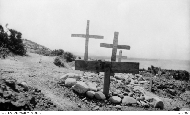 Australian graves on a hillside near Anzac Cove. The central cross ...