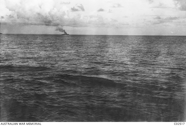 The Japanese battle cruiser Ibuki seen on the horizon from the ...