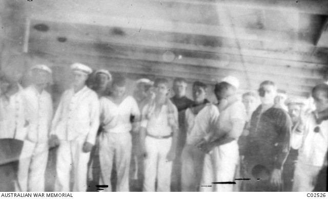 A group of German prisoners from the sunken cruiser SMS Emden aboard ...