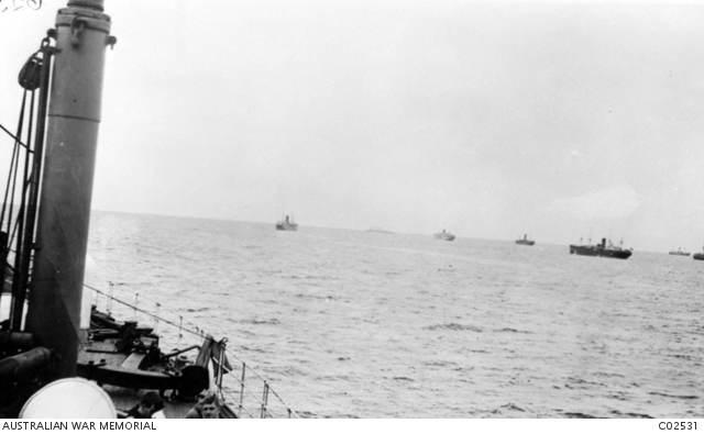 The first Australian convoy approaching Colombo. The five-funnelled ...