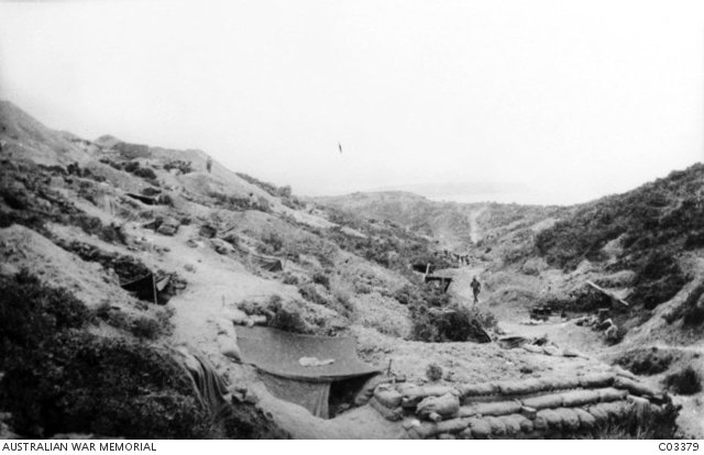A gully located in the Anzac sector of the Gallipoli Peninsula, showing ...