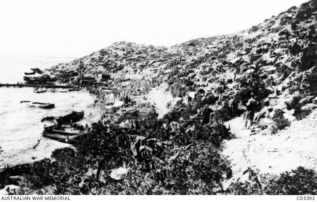 Anzac Cove, looking north past Ari Burnu to Suvla Bay. The shore is ...