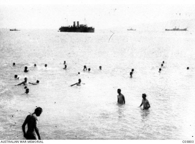Australian Flying Corps mechanics bathing near the entrance to Port ...