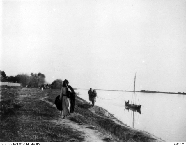 Towing a mahalla upstream in the Tigris River on a windless day ...