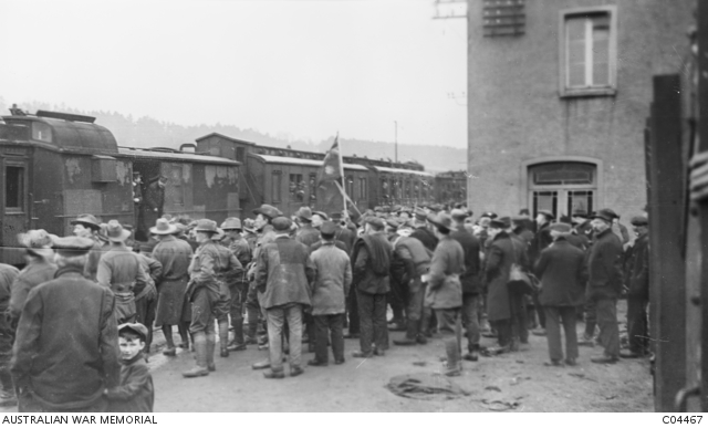 A draft of the 5th Australian Infantry Brigade leaving Walcourt, in ...