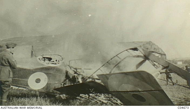 An RE8 machine in flames after a crash at Leighterton Aerodrome ...