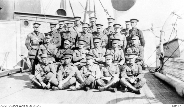 A group of Australian Engineer officers photographed on board HMAT ...